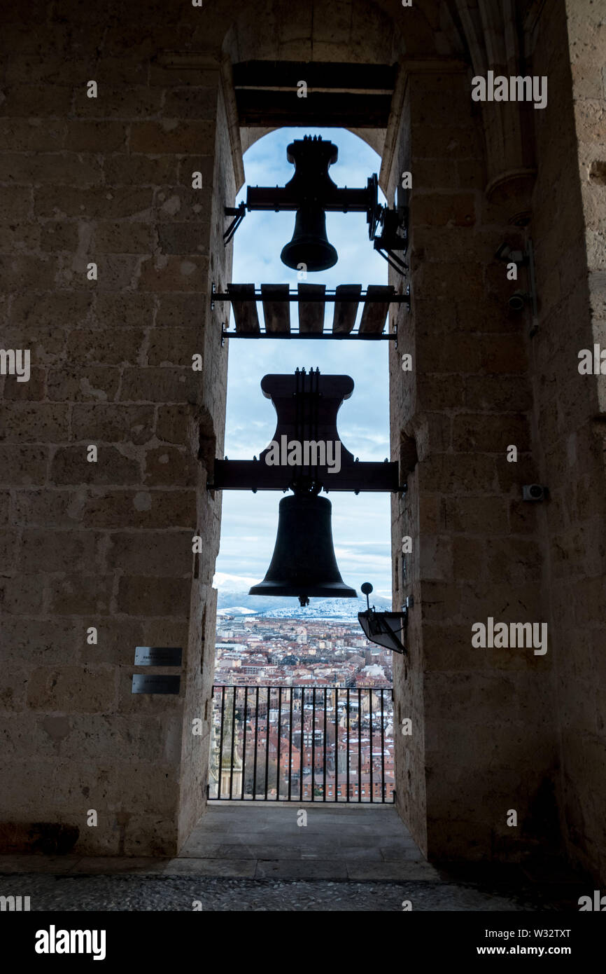 Church bells from the tower of Cathedral of Segovia in Spain Stock ...