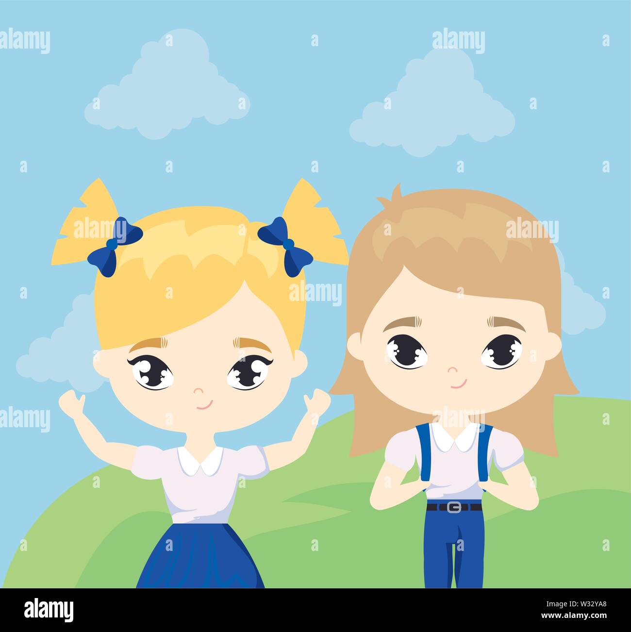 cute little student girls in landscape scene vector illustration design ...
