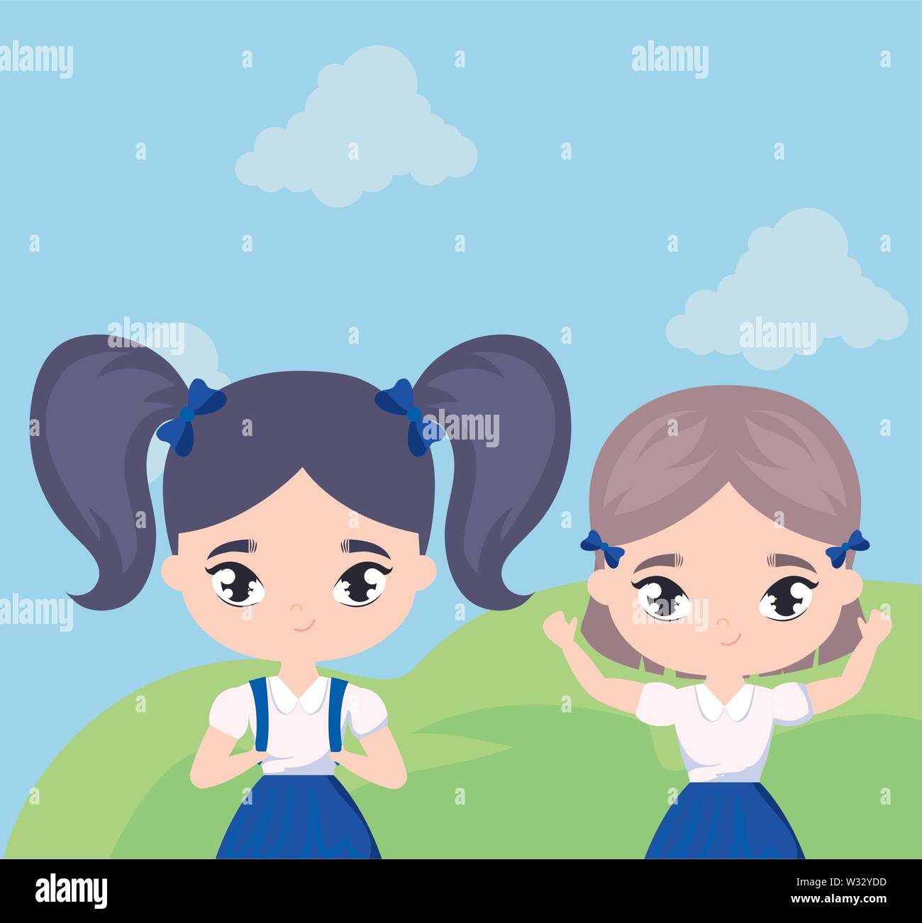 cute little student girls in landscape scene vector illustration design ...