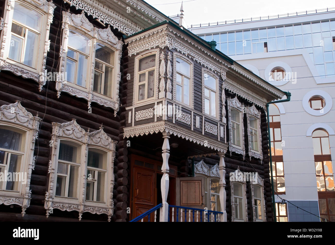 Tomsk Russia, wooden home with traditional architecture and decorative ...