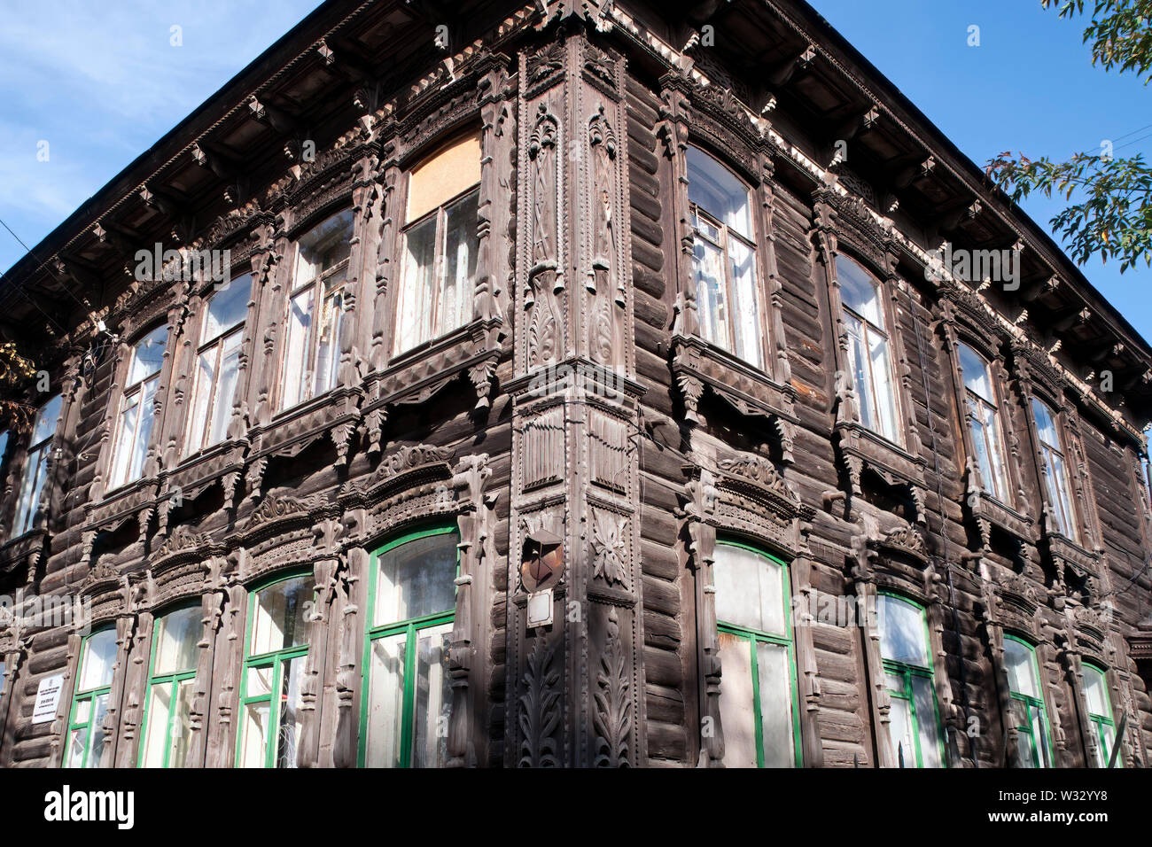 Tomsk Russia, traditional log wood building with carved decorations ...