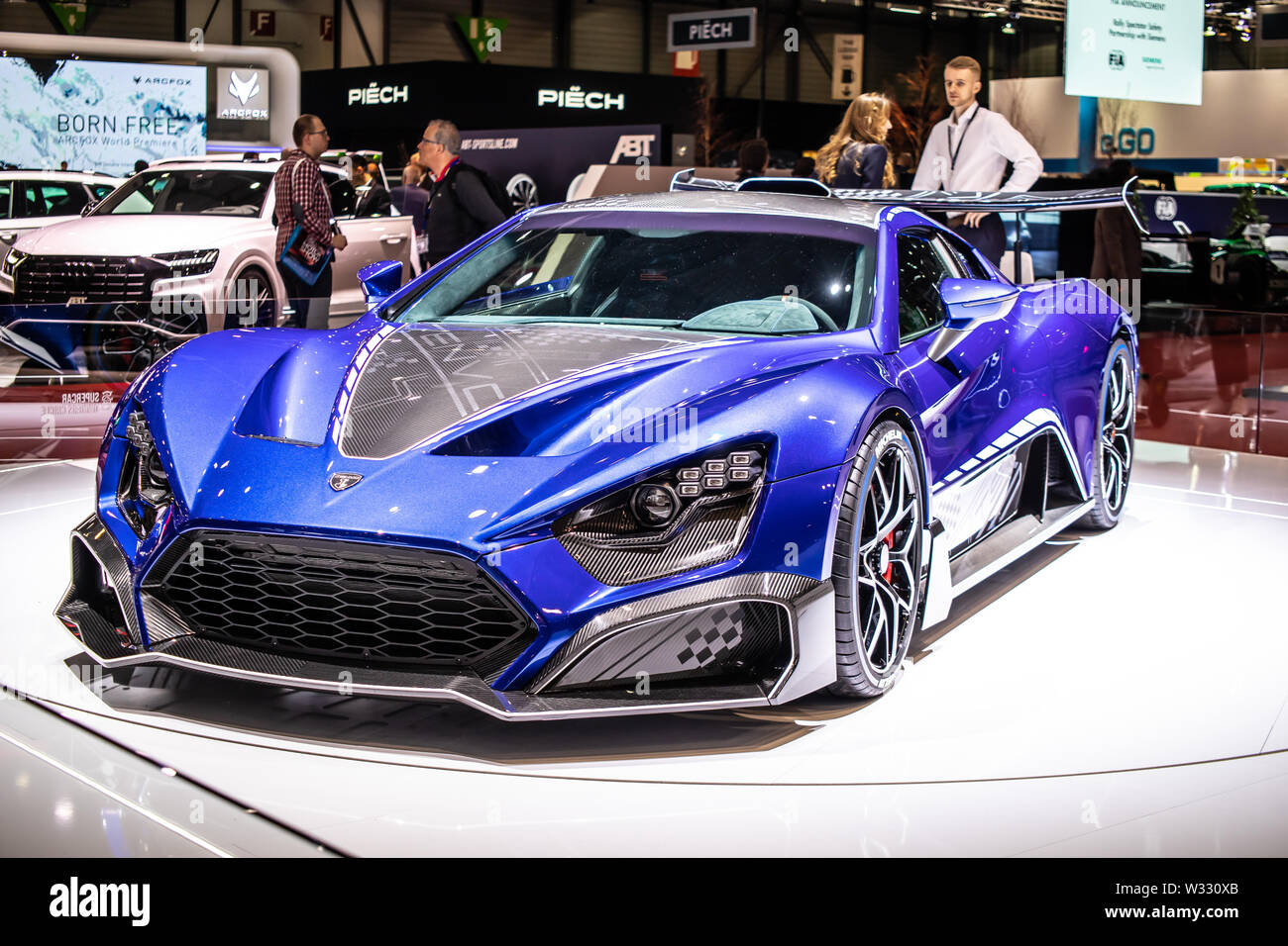 Geneva, Switzerland, March 2019: metallic blue Zenvo TSR-S in Zenvo ...