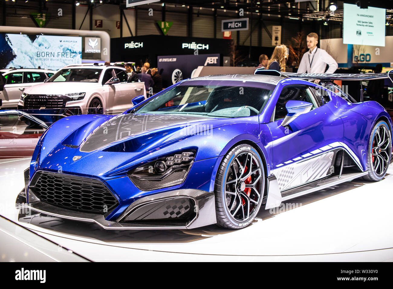 Geneva, Switzerland, March 2019: metallic blue Zenvo TSR-S in Zenvo ...