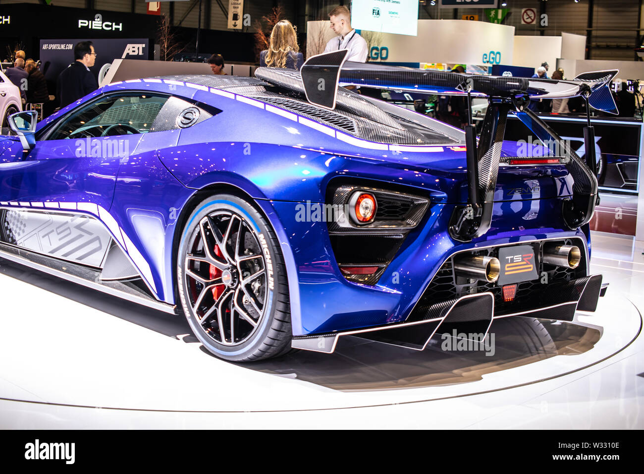 Geneva, Switzerland, March 2019: metallic blue Zenvo TSR-S in Zenvo ...