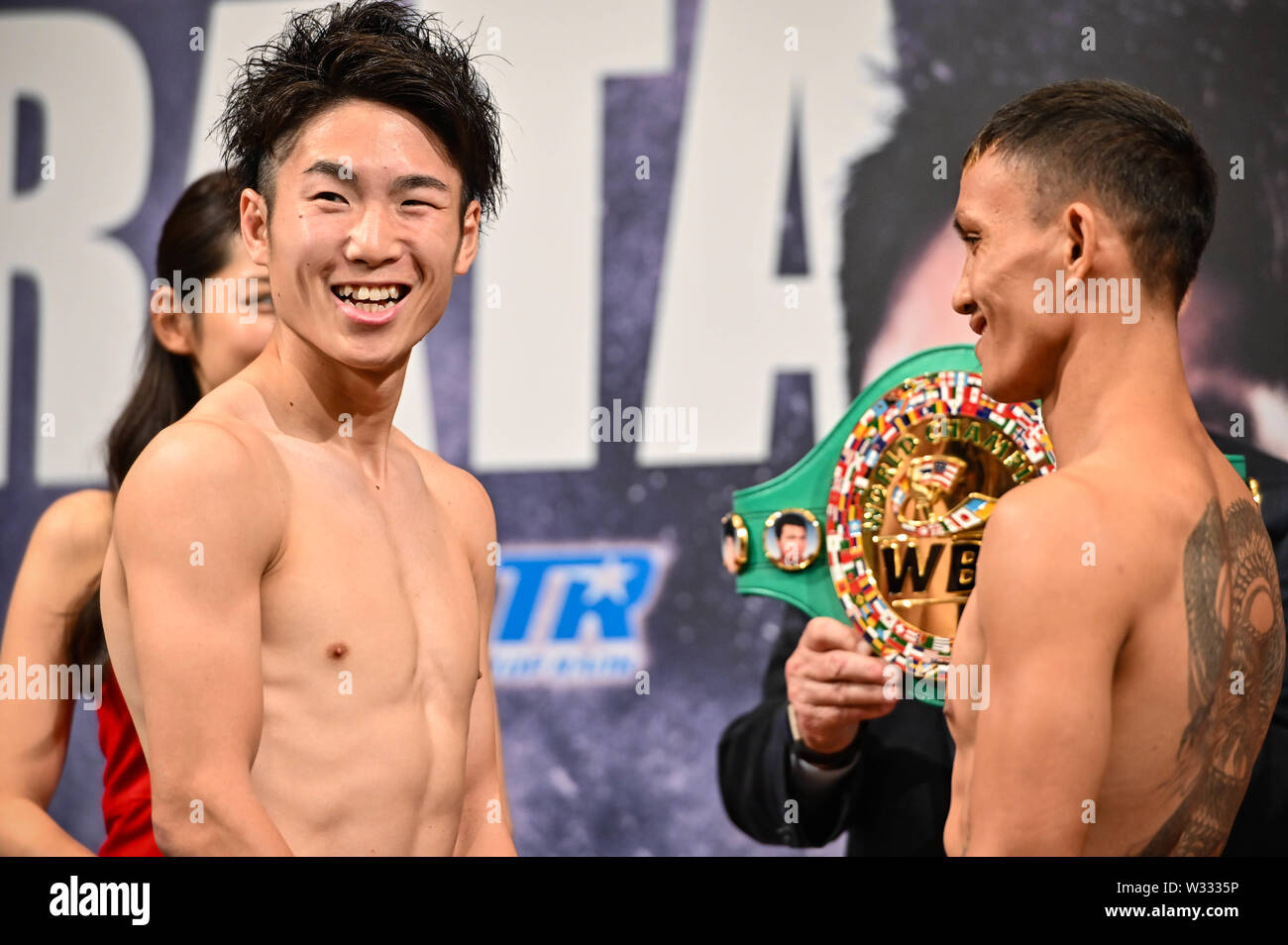 Osaka, Japan. 11th July, 2019. (L-R) Ken Shiro (JPN), Jonathan Taconing ...