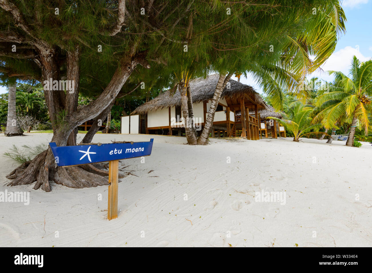 A thatch roof villa on a white sandy beach with coconut palm trees at ...