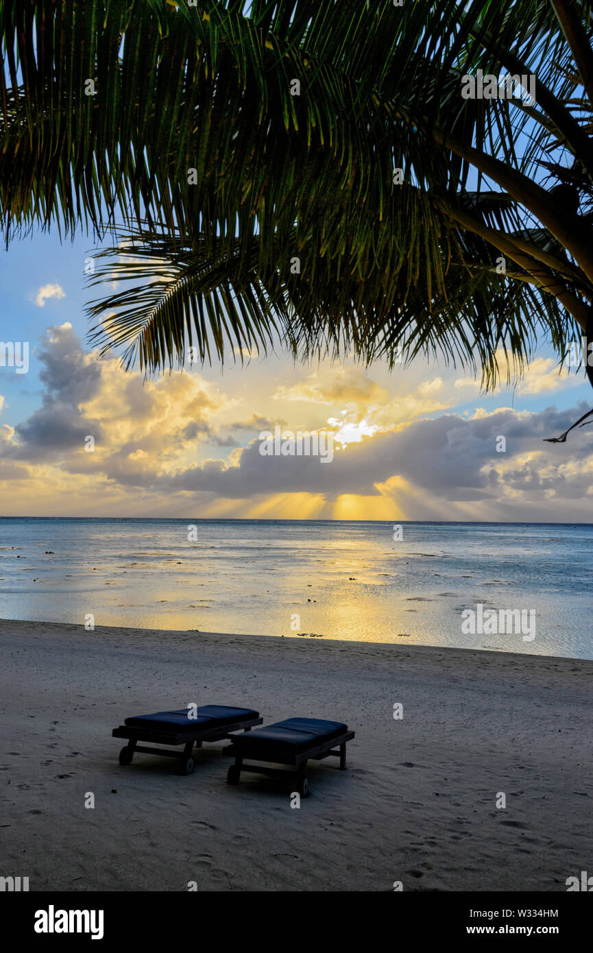 Vertical view of an atmospheric sunset and oblique sun rays on the ...