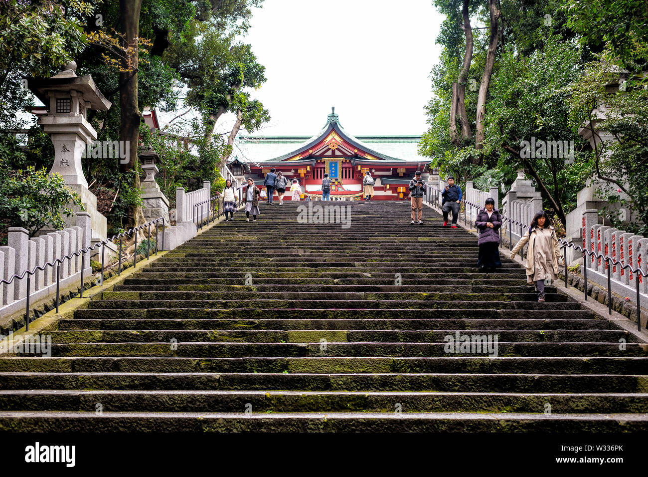 Tokyo, Japan - March 30, 2019: Hie Shinto shrine with stone steps ...