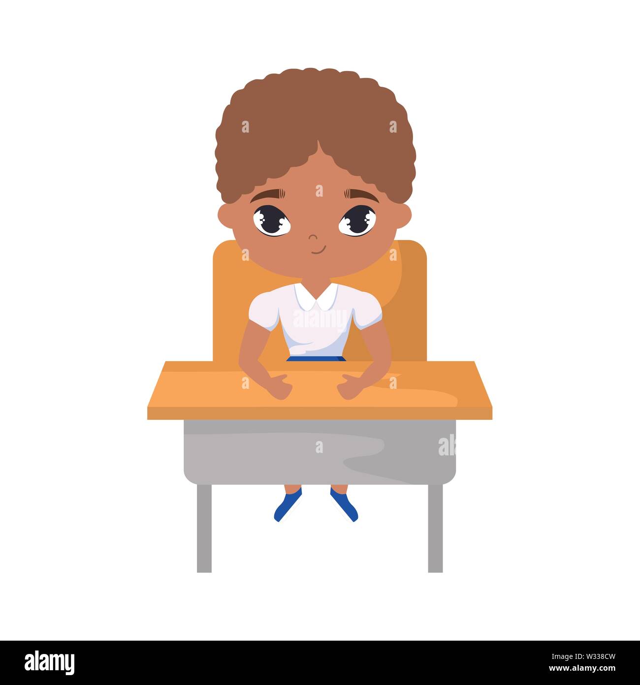 little student boy afro sitting in school desk vector illustration ...