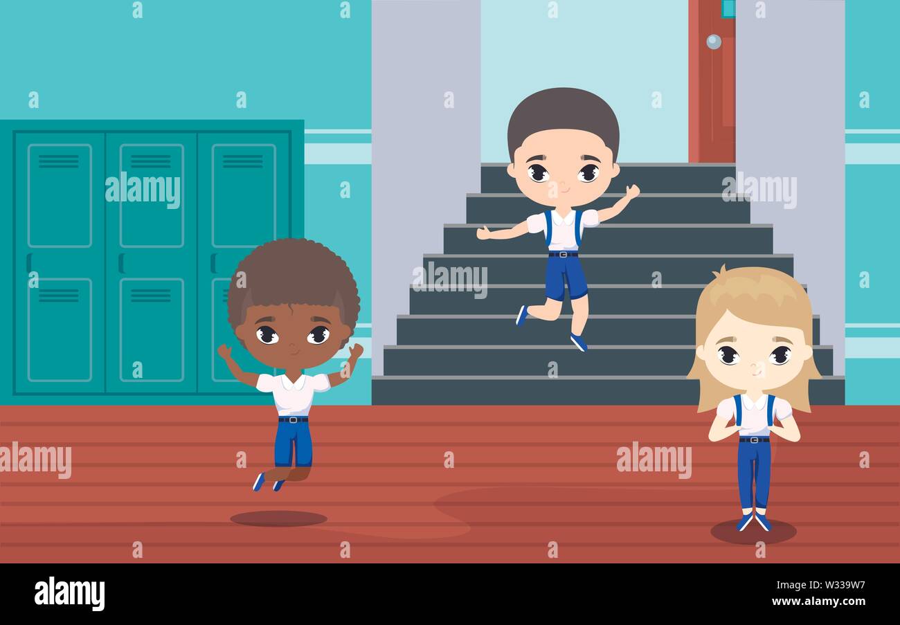 cute little students in corridor school vector illustration design ...