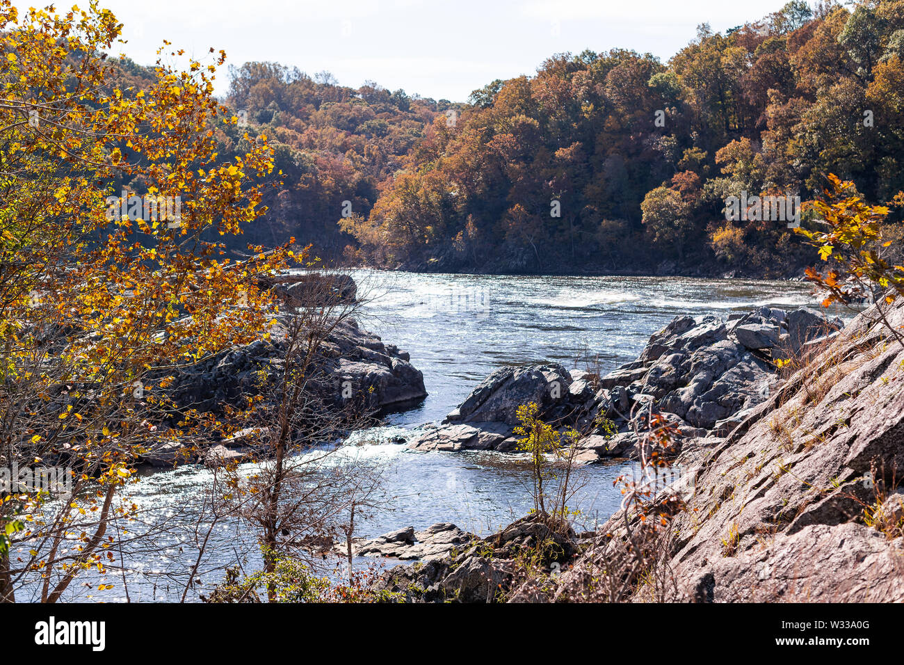 View on Potomac river, mountain cliff rocks in Great Falls park in ...