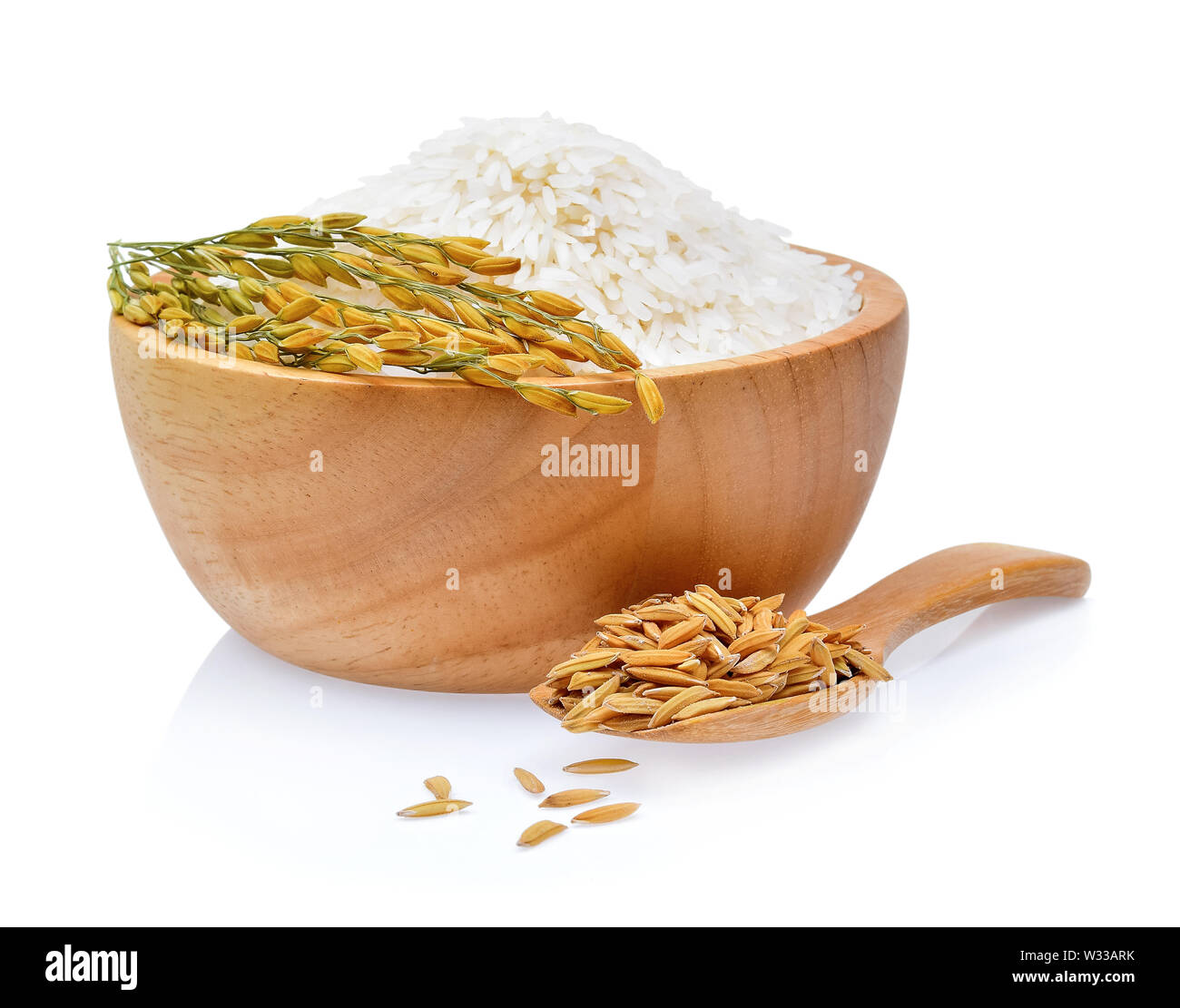 rice plants, grains of Thai jasmine rice in wood bowl on white ...