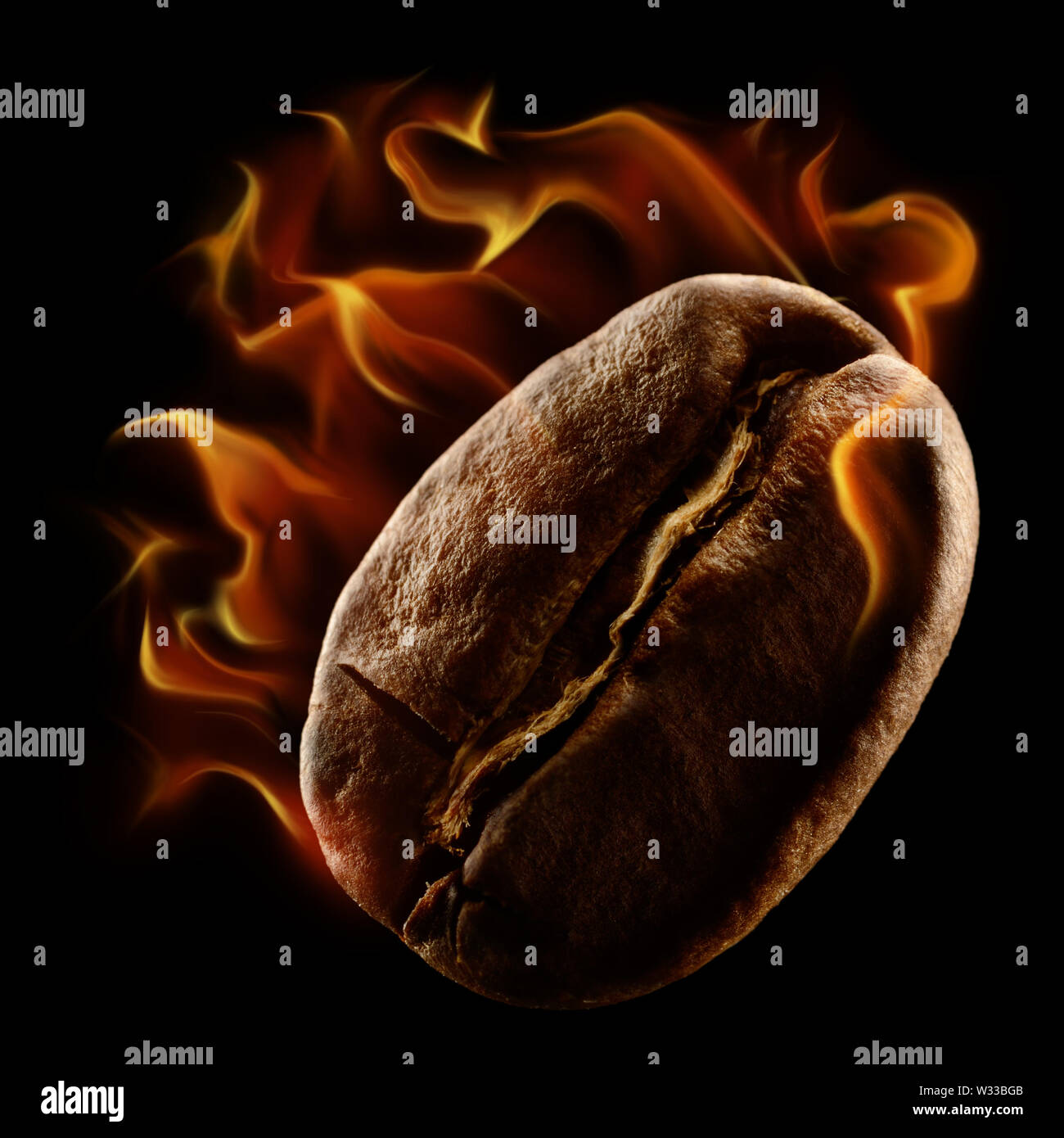 Coffee bean in flames on a black background. Roasting coffee concept ...