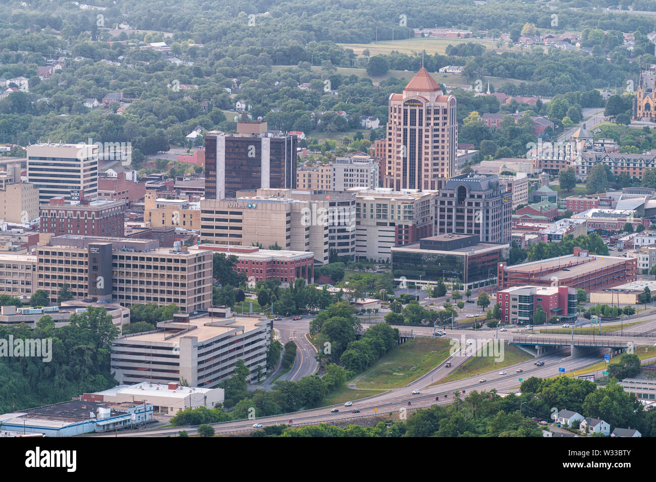 Roanoke, USA - June 1, 2019: Aerial cityscape downtown view on city in ...