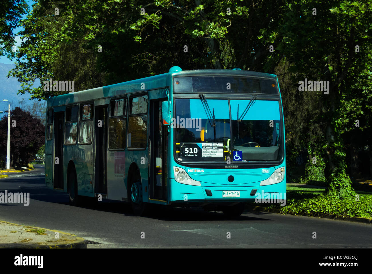 SANTIAGO, CHILE - OCTOBER 2014. A Transantiago bus going to its next ...