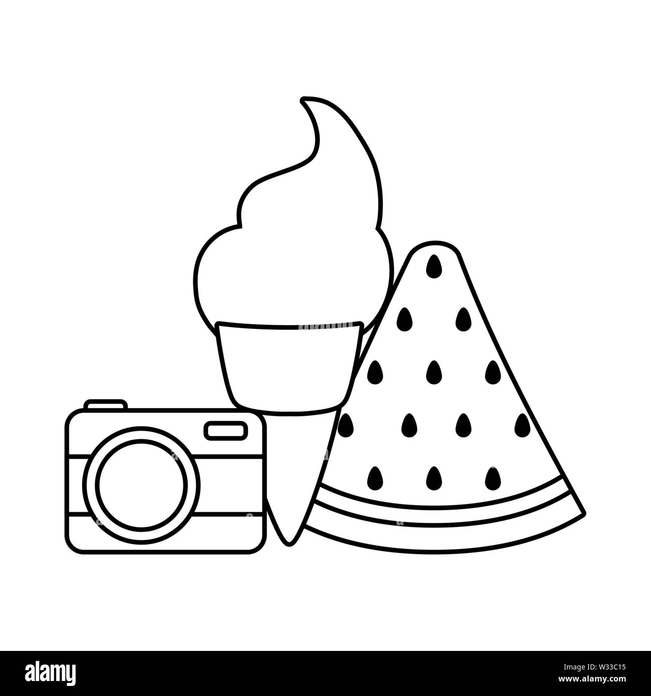 camera with ice cream and watermelon vector illustration design Stock ...