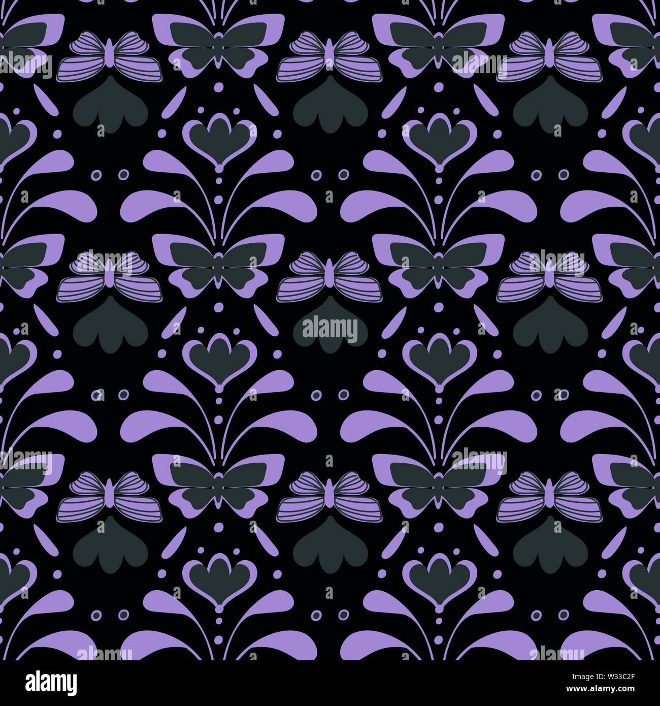 seamless vintege damask moody vector pattern with butterflies and ...