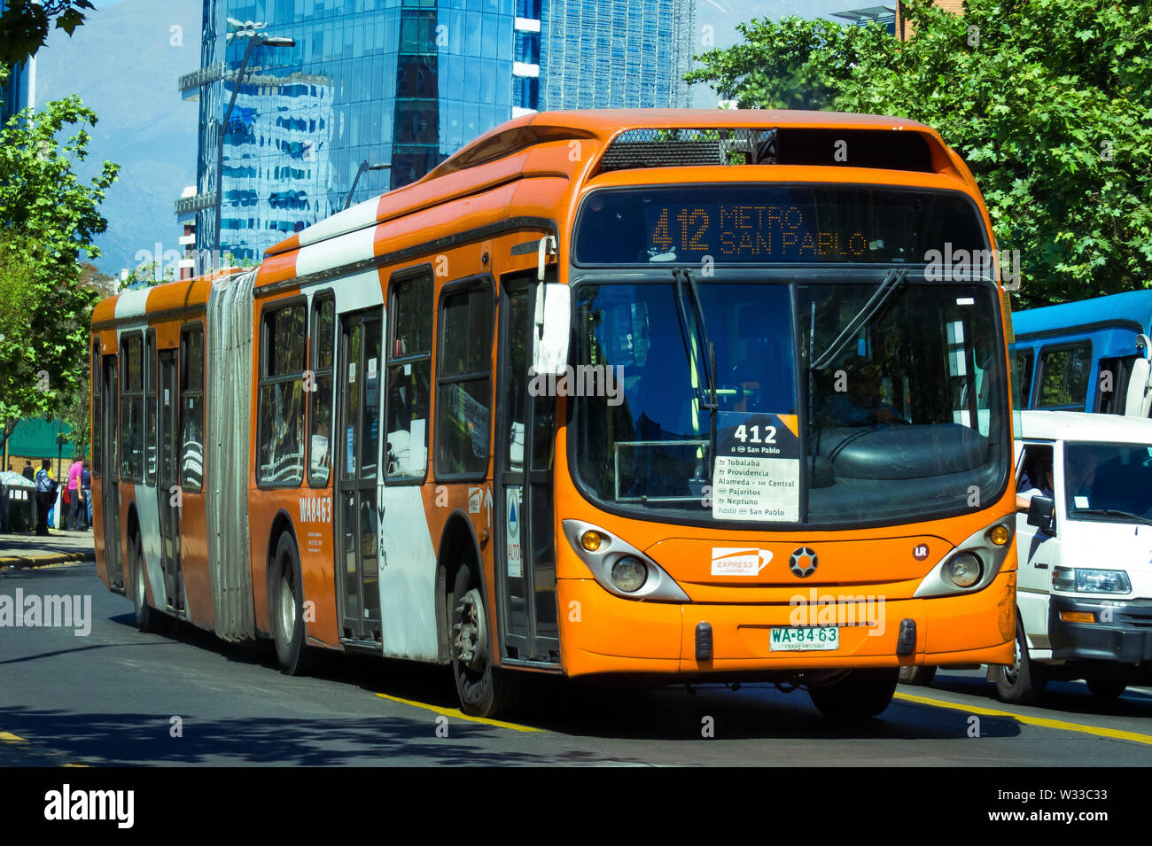 SANTIAGO, CHILE - OCTOBER 2014. A Transantiago bus in downtown Santiago ...