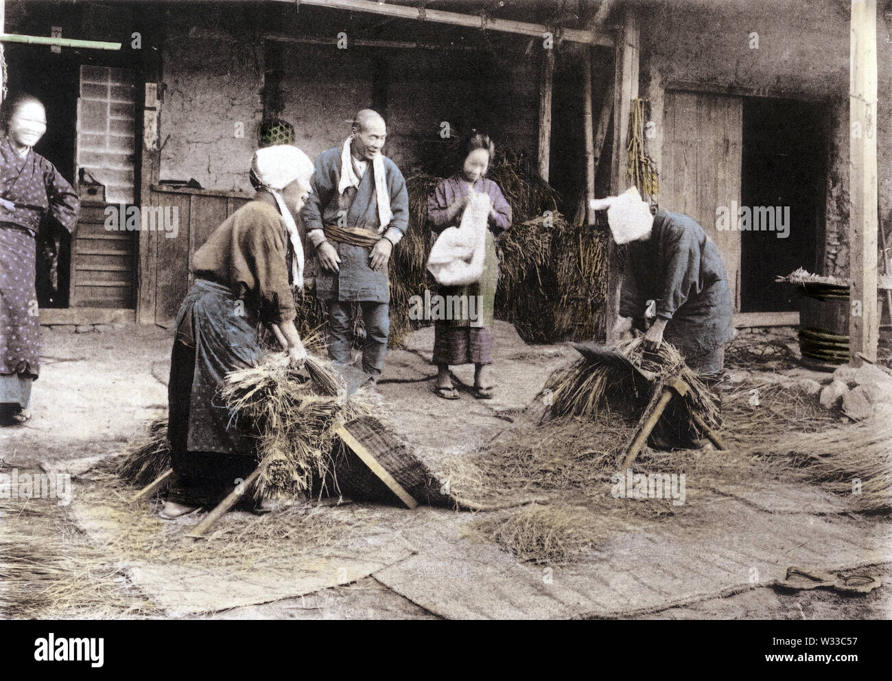 [ 1900s Japan - Japanese Farmers Threshing Rice ] — Rice cultivation in ...