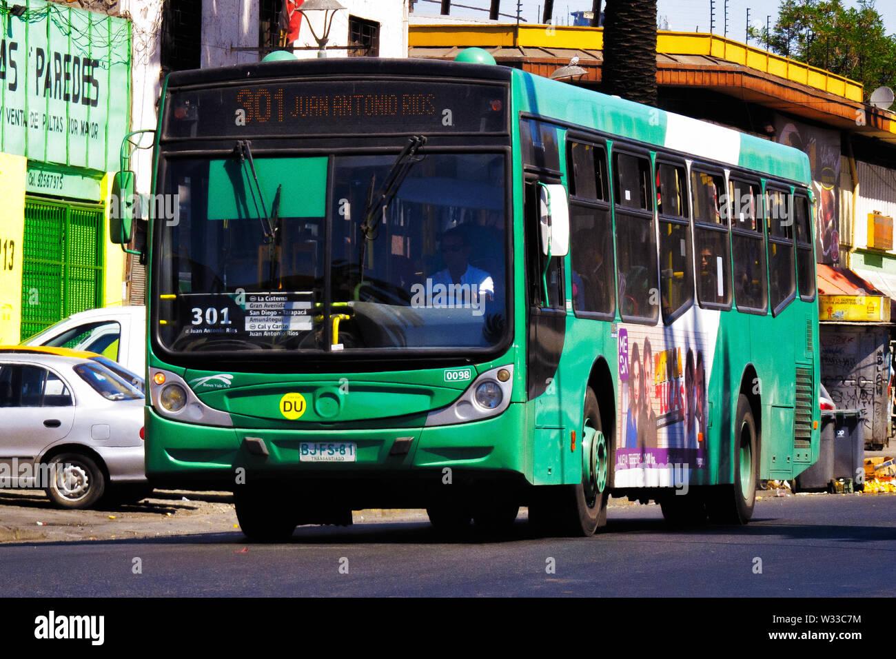 SANTIAGO, CHILE - OCTOBER 2014. A Transantiago bus in downtown Santiago ...