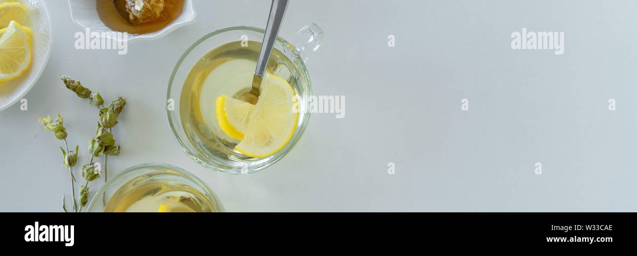 Top view of lemon tea glasses. Drinks flat lay. Seasonal refreshment ...