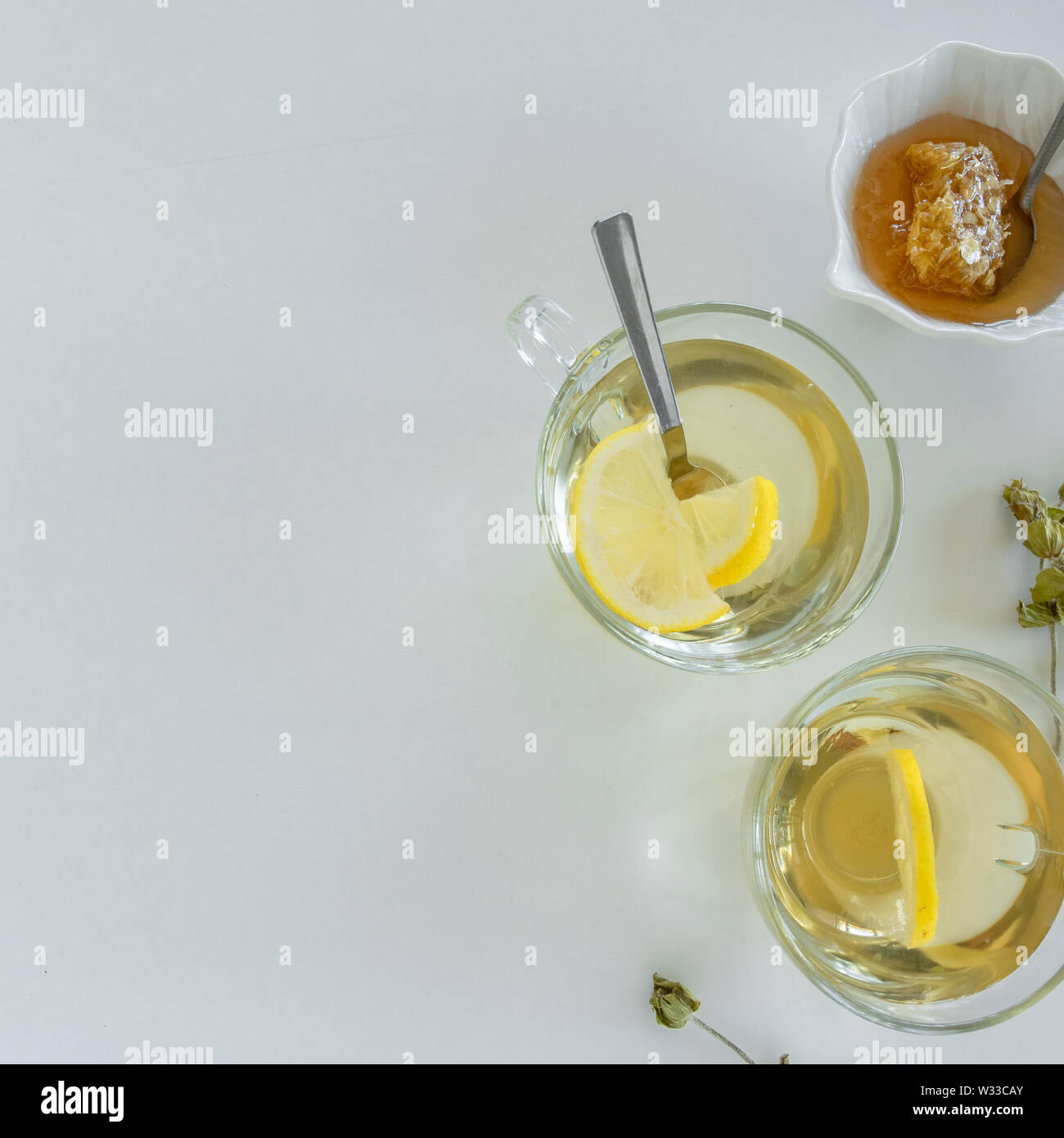 Top view of lemon tea glasses. Drinks flat lay. Seasonal refreshment ...