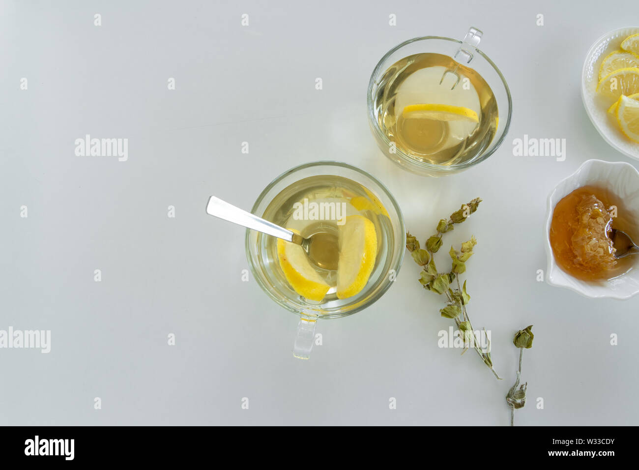 Top view of lemon tea glasses. Drinks flat lay. Seasonal refreshment ...