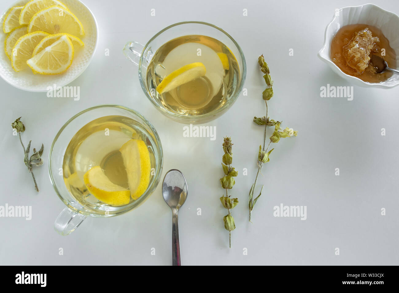 Top view of lemon tea glasses. Drinks flat lay. Seasonal refreshment ...