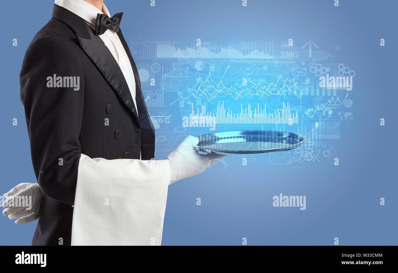 Waiter serving fluctuation concept and charts on a tray Stock Photo - Alamy