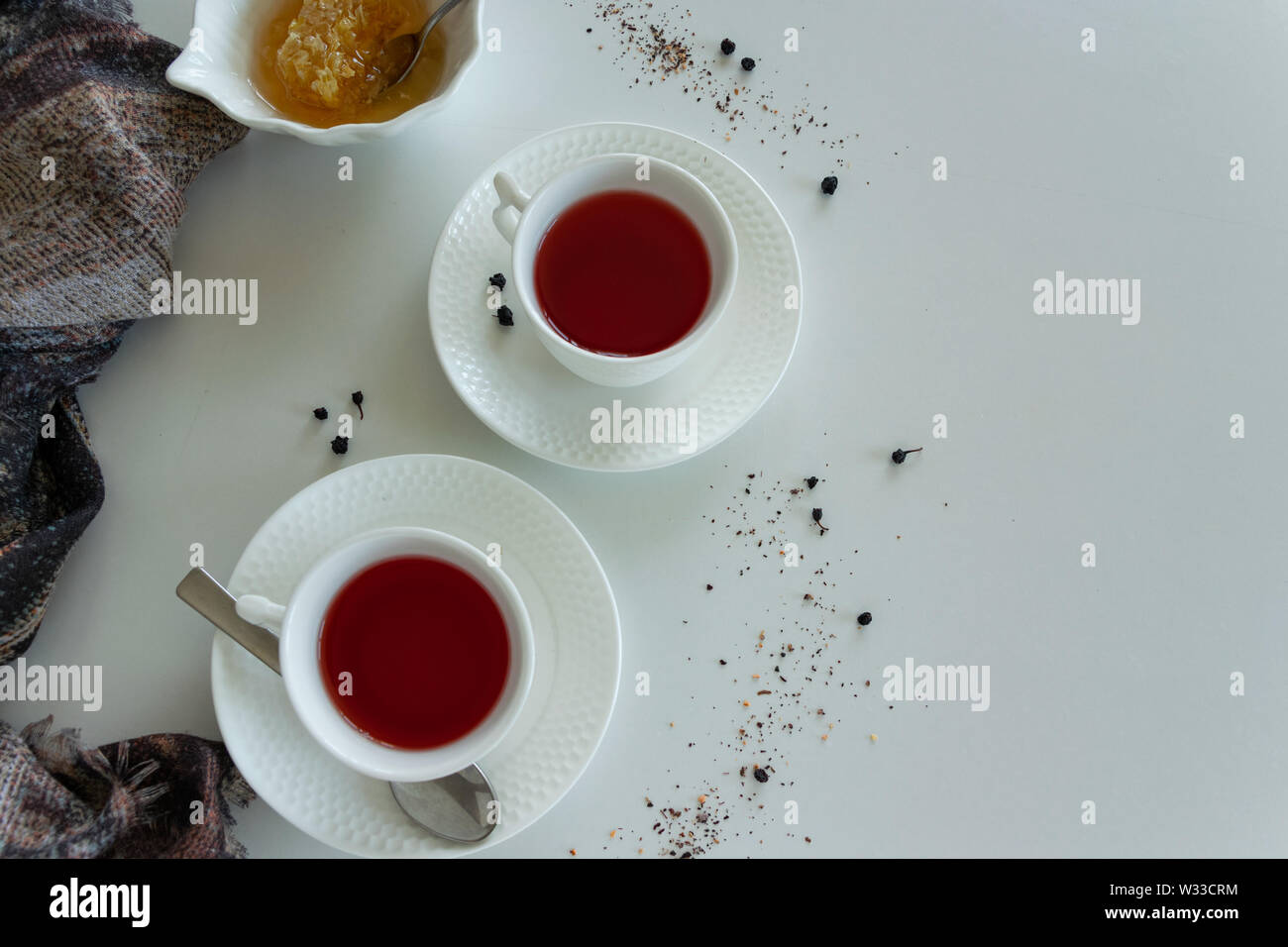 Red fruits tea glasses. Drinks flat lay. Refreshment break Stock Photo ...