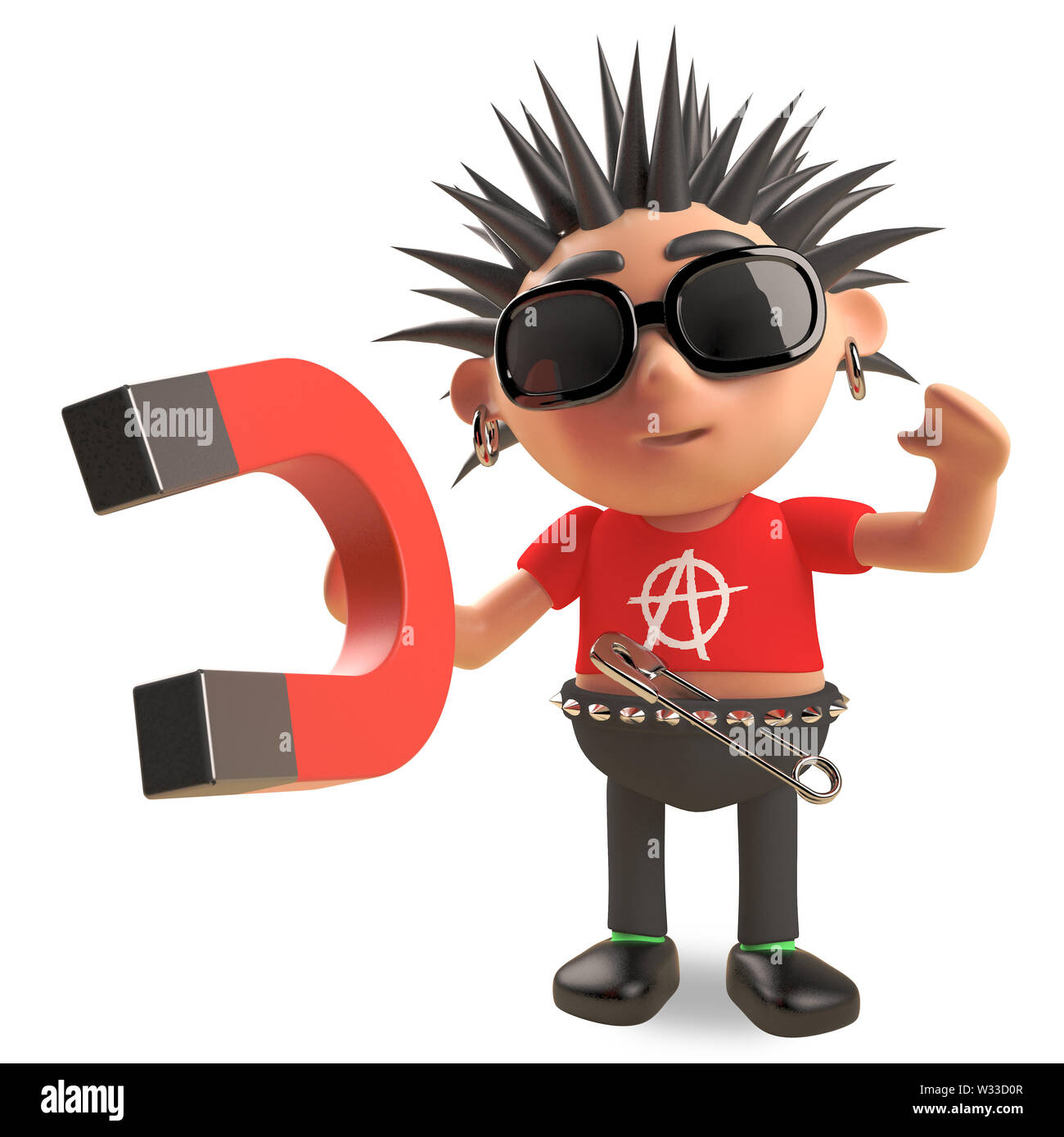 Cartoon vicious punk rocker demonstrates magnetism, 3d illustration ...