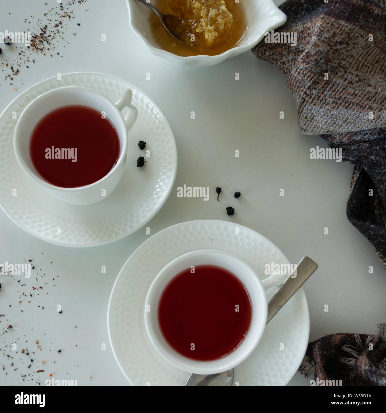 Top view of red fruits tea glasses. Drinks flat lay. Refreshment break ...