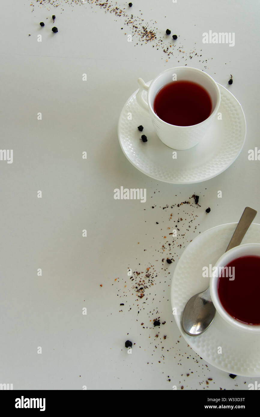 Top view of red fruits tea glasses. Drinks flat lay. Refreshment break ...