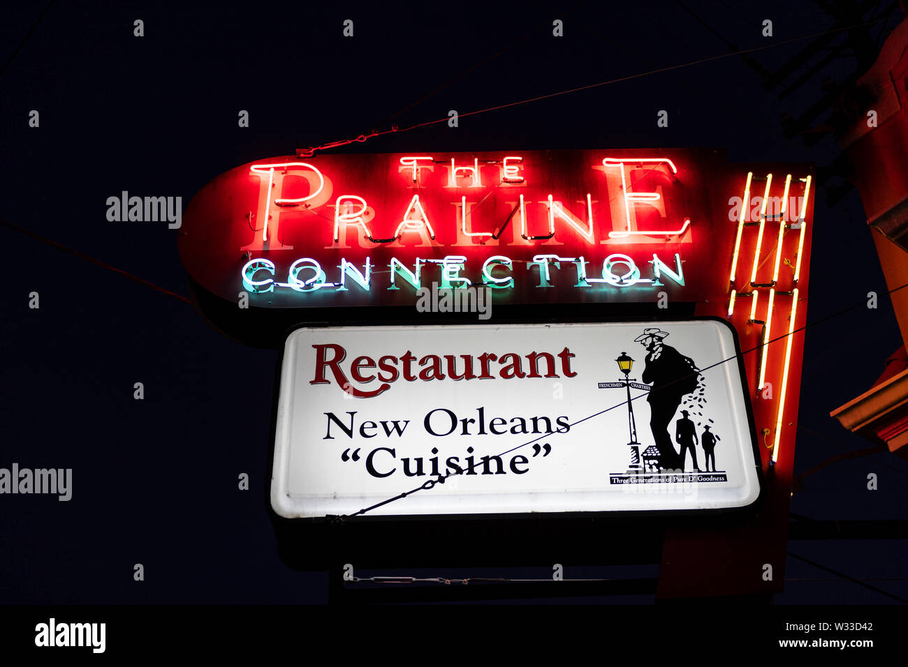 New Orleans, USA - April 23, 2018: Closeup of illuminated neon sign for ...