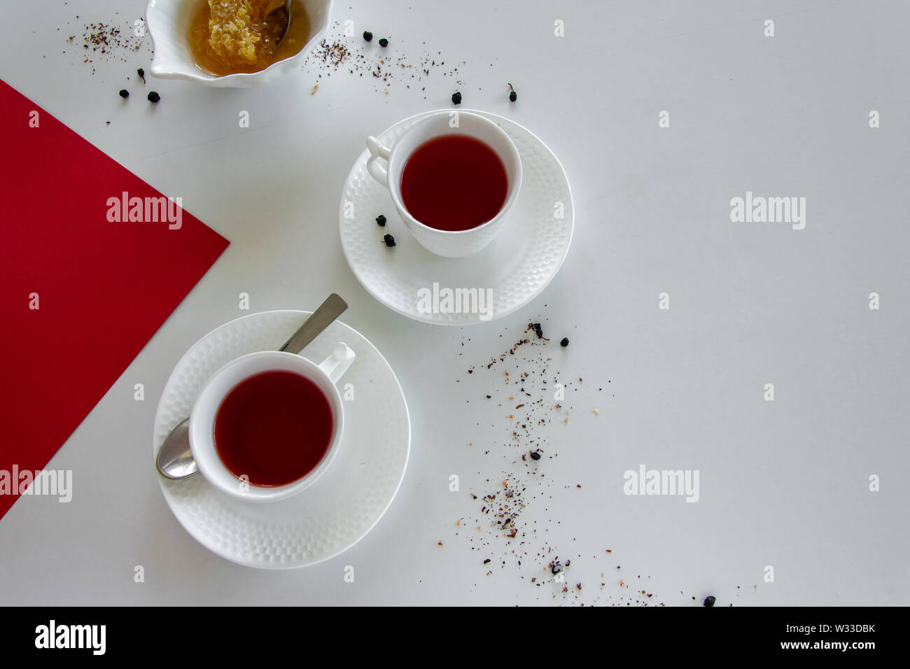 Top view of red fruits tea glasses. Drinks flat lay. Refreshment break ...