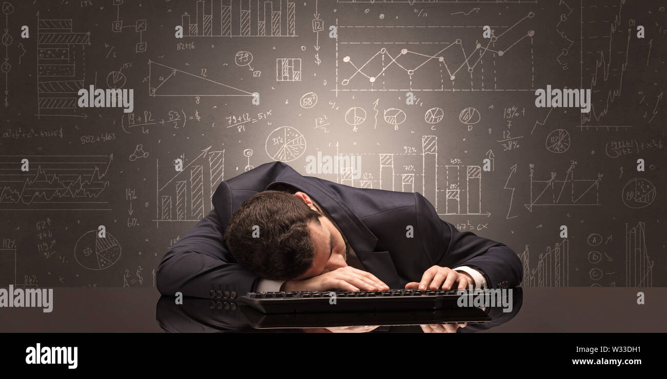 Elegant teacher fell asleep at his workplace with full draw blackboard ...