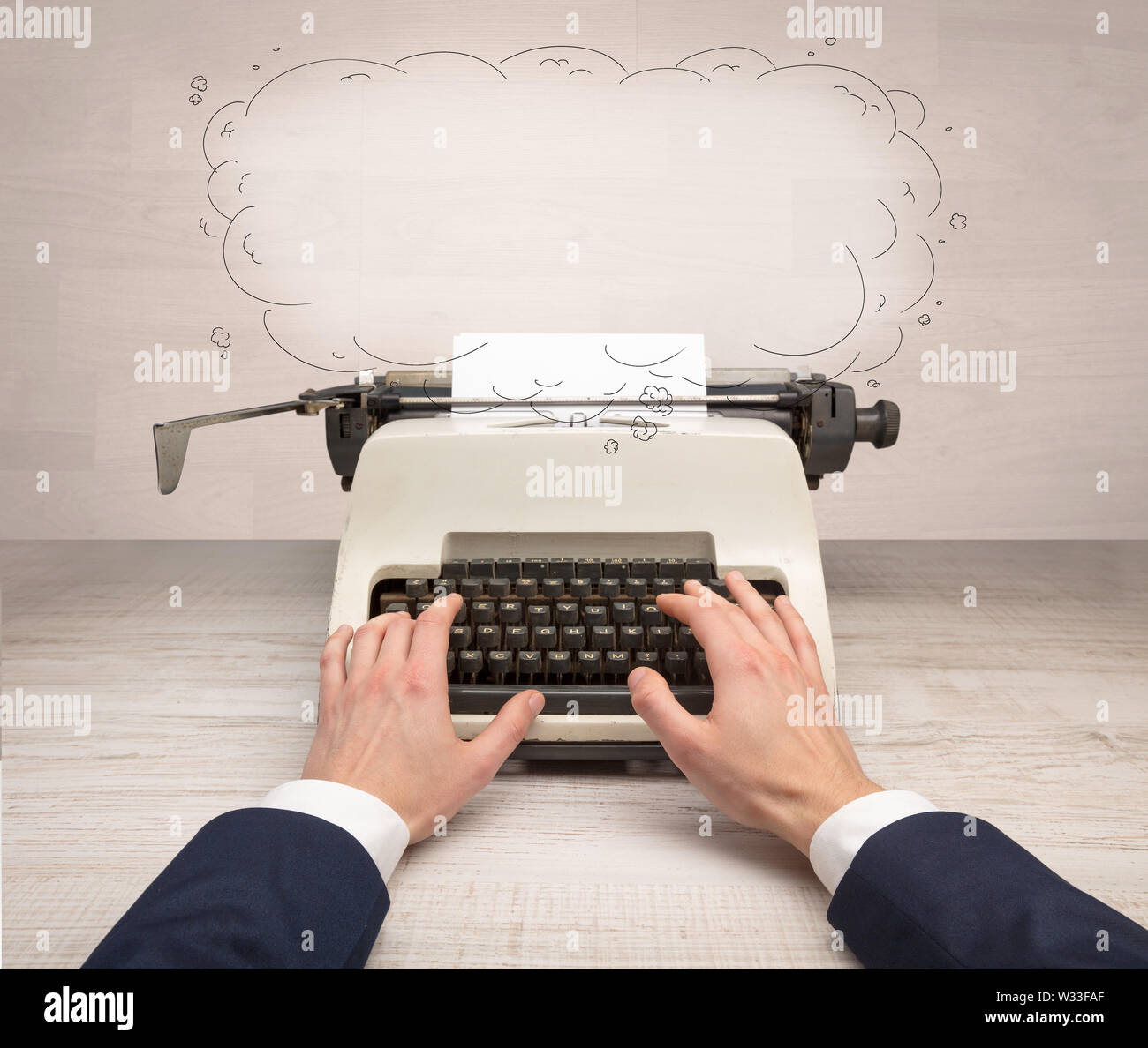 Typewriter with doodles, idea, message, plane, car balloon social media ...