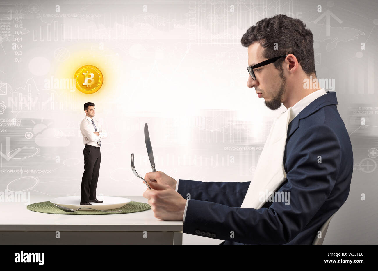 Giant businessman eating small man with financial background Stock ...