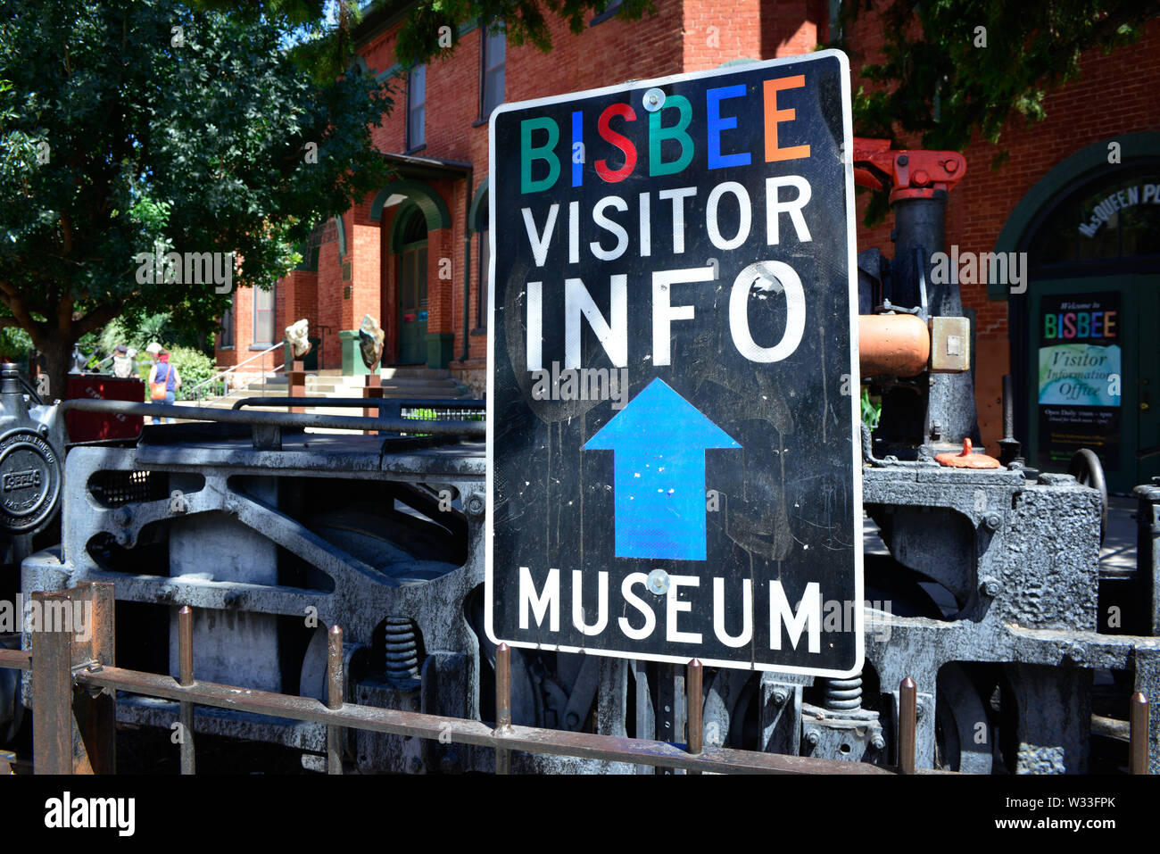 A sign for Bisbee Visitor Info and Bisbee Mining and Historical museum ...
