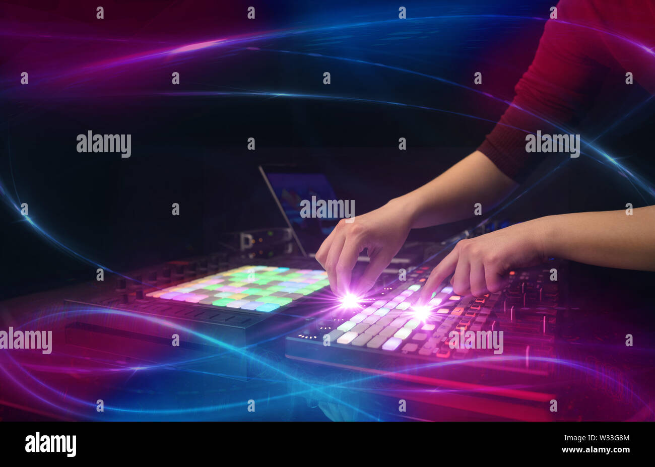 Hand mixing music on midi controller with wave vibe concept Stock Photo ...