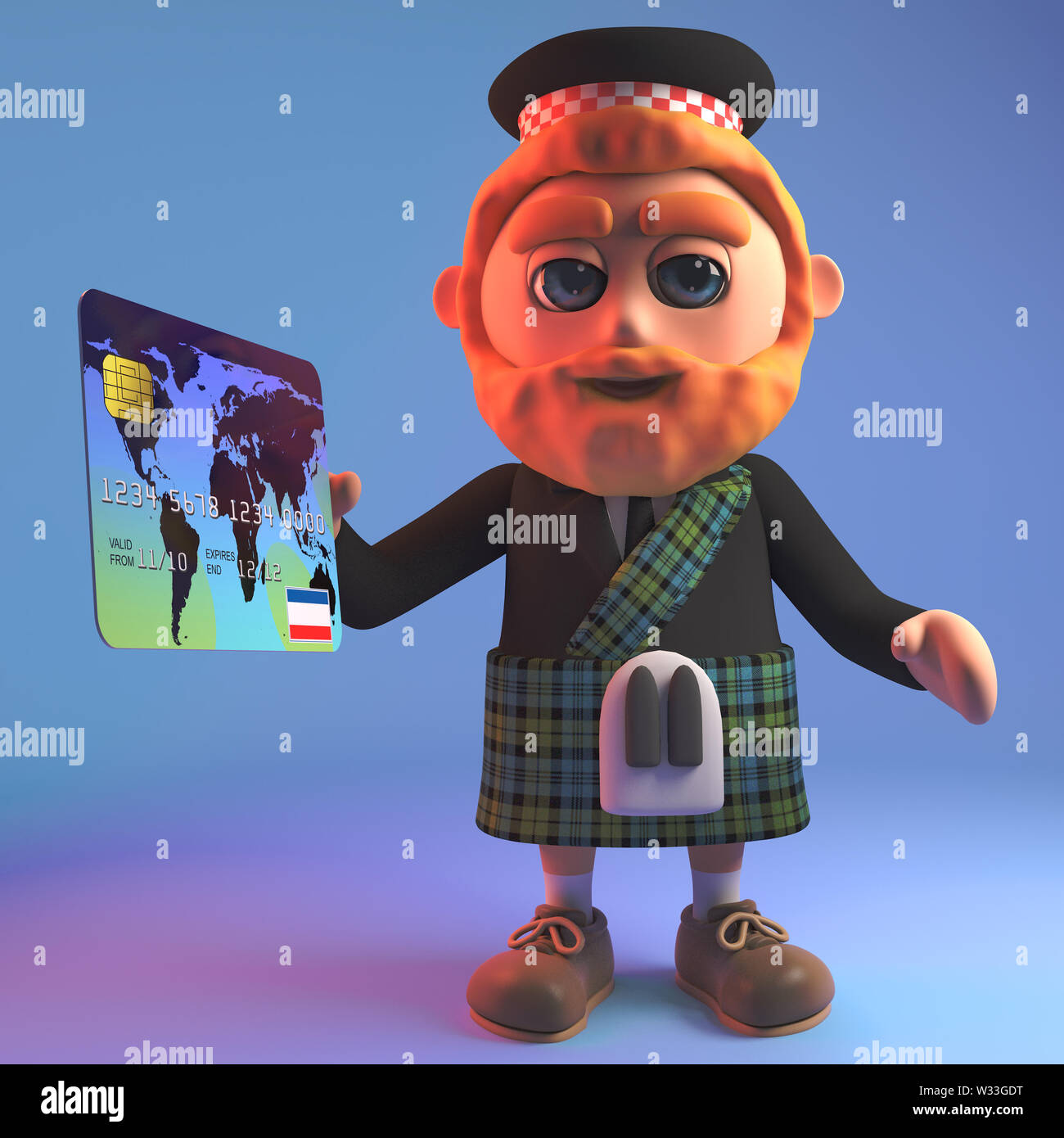 Cartoon Scottish man in traditional kilt paying for his purchase with a ...