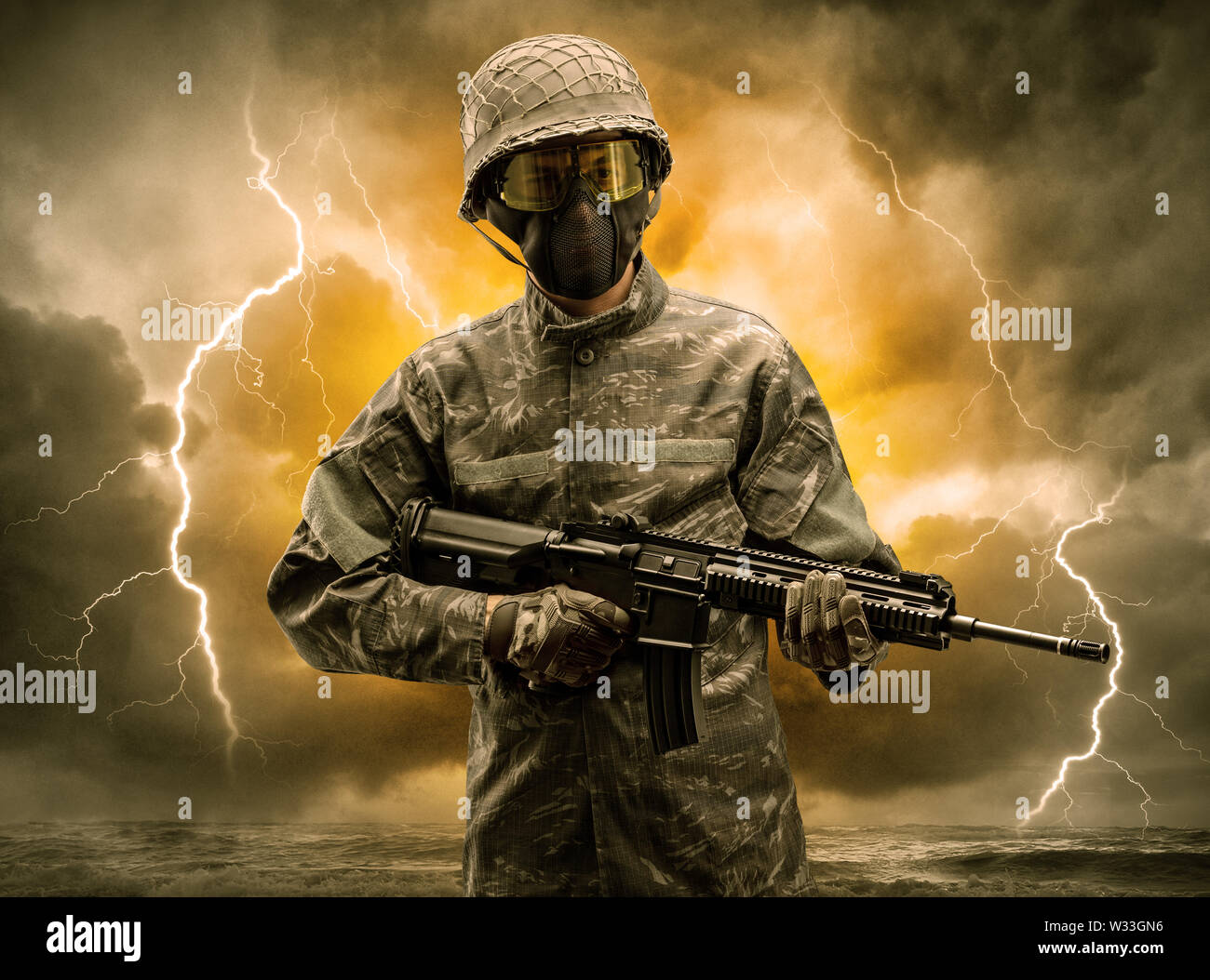 Armed soldier standing in rainy obscure weather Stock Photo - Alamy