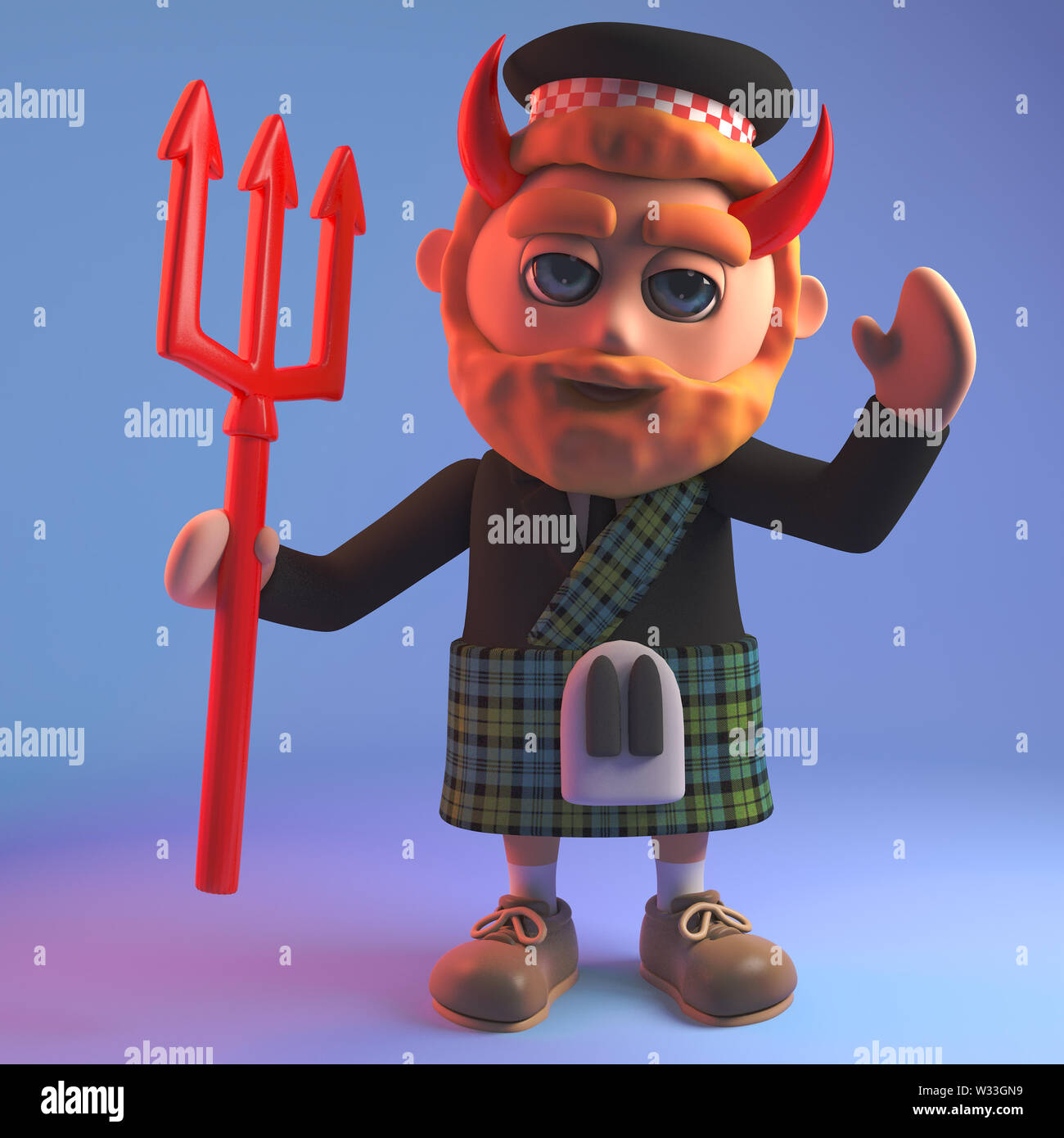 Wicked Scottish man in kilt wearing devils horns and brandishing a ...