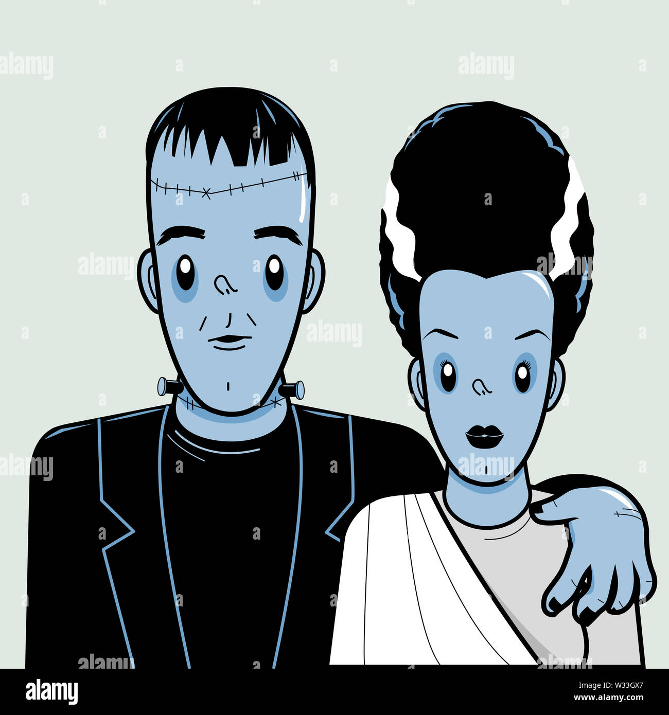 Cartoon Halloween monsters, Frankenstein and his spooky monster bride ...