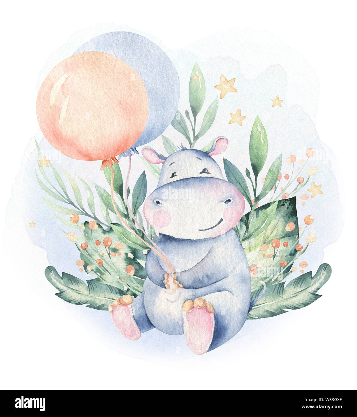 Hand drawn cute isolated tropical summer watercolor hippo animals ...