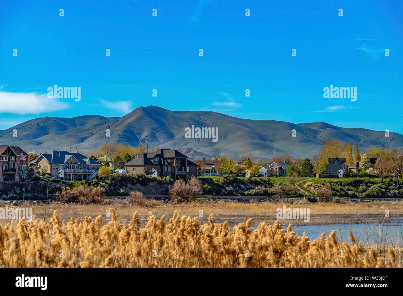 Lakefront houses with towering mountain and blue sky background on a ...