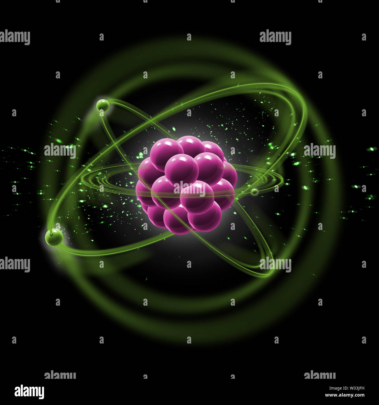 Close up of colorful atomic particle background science 3D illustration ...