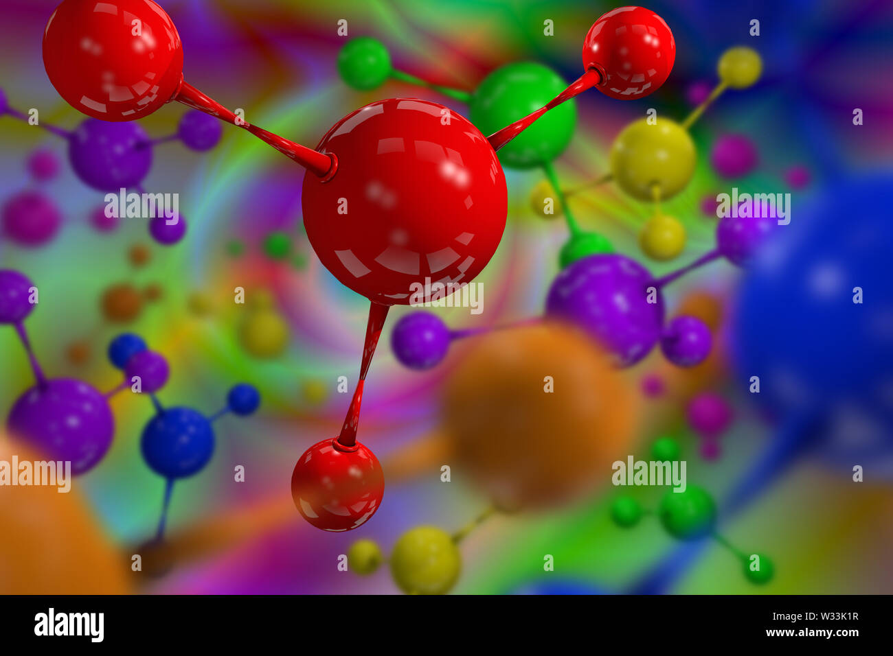 Close up of colorful atomic particle background science 3D illustration ...