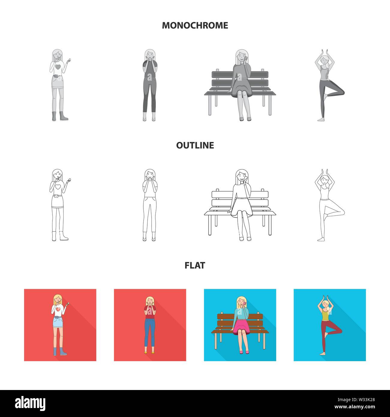 Isolated object of posture and mood sign. Set of posture and female ...