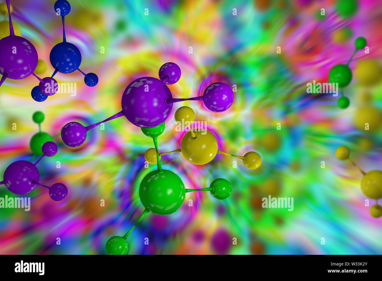 Close up of colorful atomic particle background science 3D illustration ...